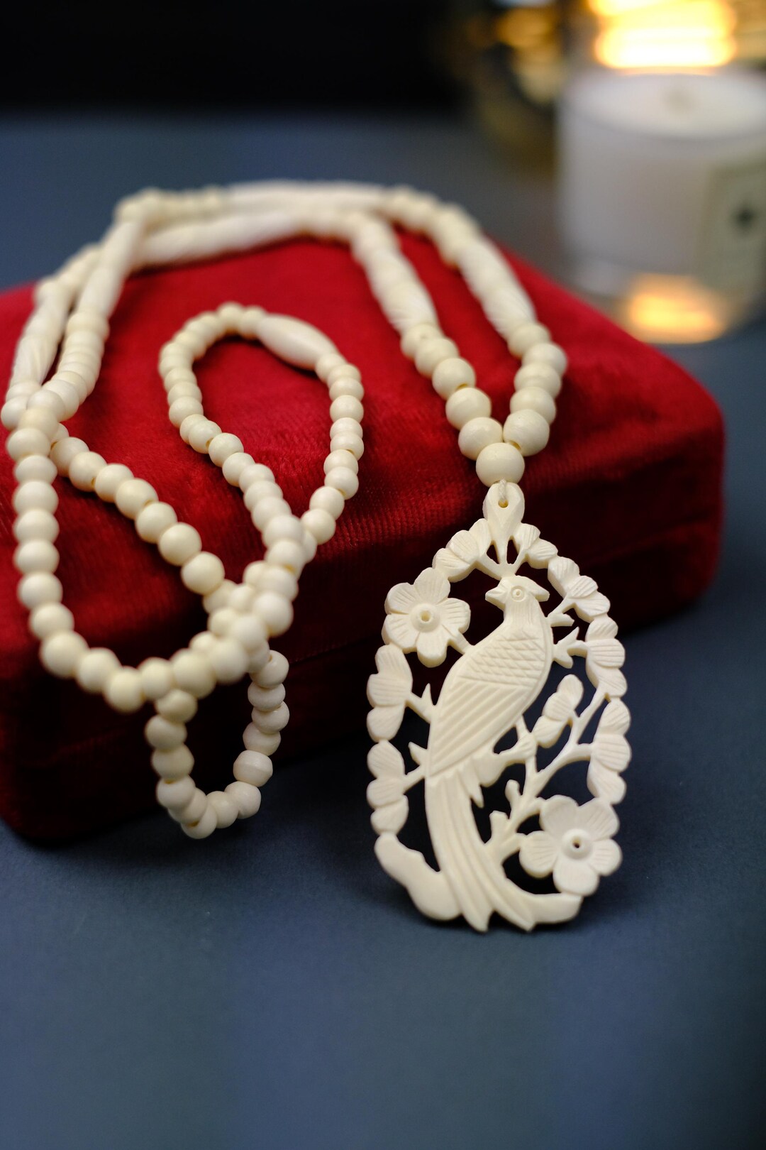 Vintage Hand-carved Bone Pendant Necklace With Bird Design, Chinese ...