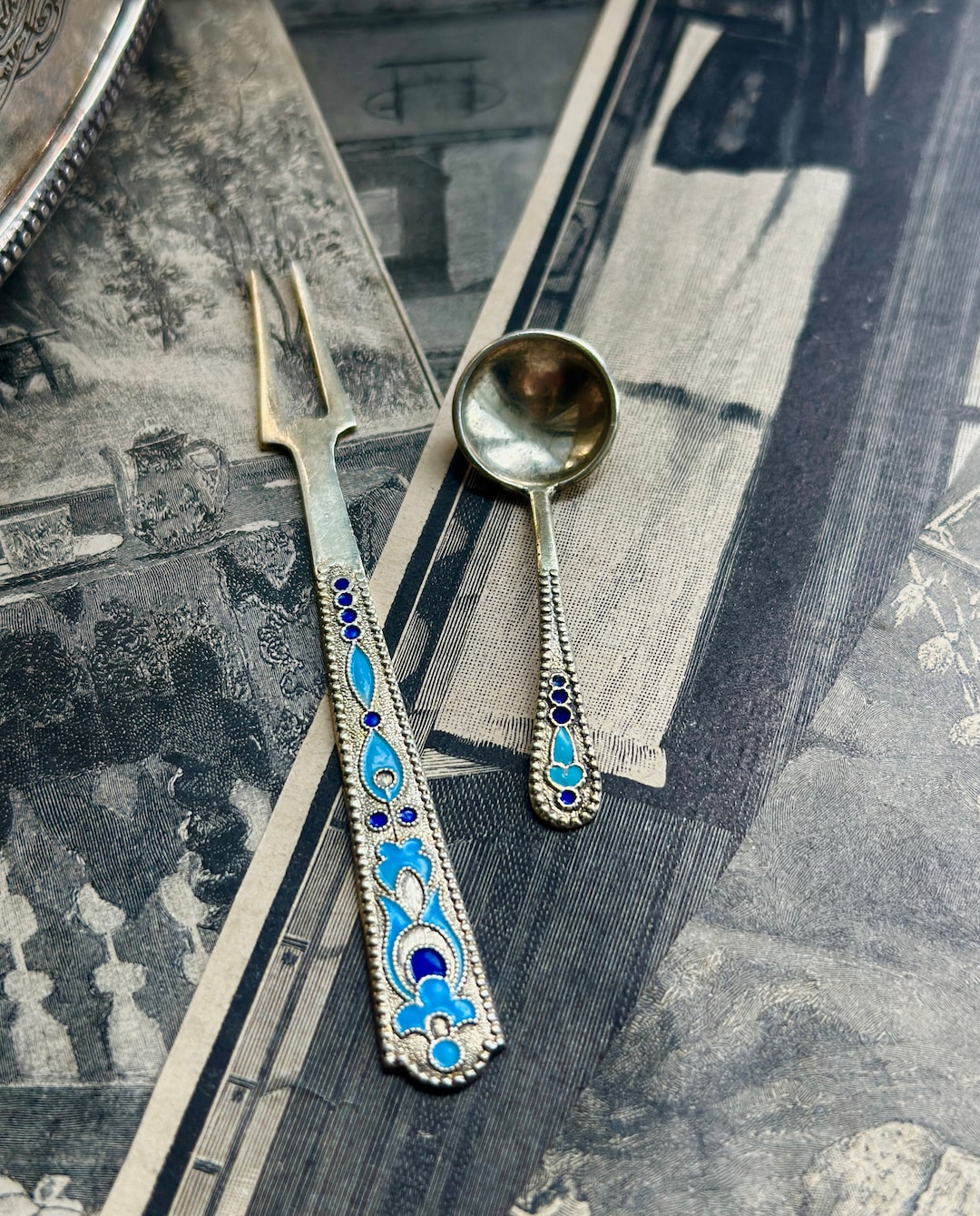 Antique Enamel Sterling Silver Silverware Stamp Head Salt Spoon With ...