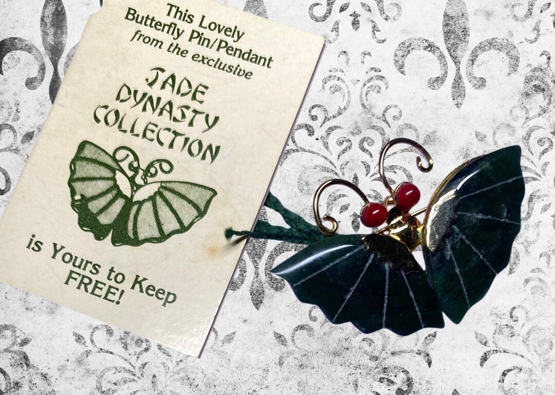 Vintage Jade Dynasty Collection Butterfly Pin Pendant Carved Green Jade ...
