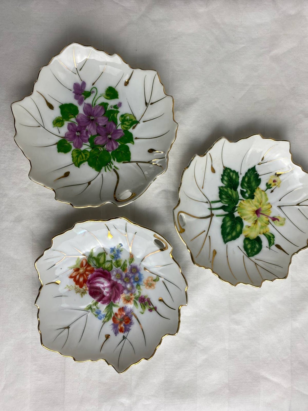 Vintage Japan Porcelain Leaf Shaped Plates Handled Dish Floral - Etsy