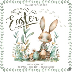 Easter Bunny Watercolor Clipart: Pastel Rabbits & Floral Eggs (28 PNG ...