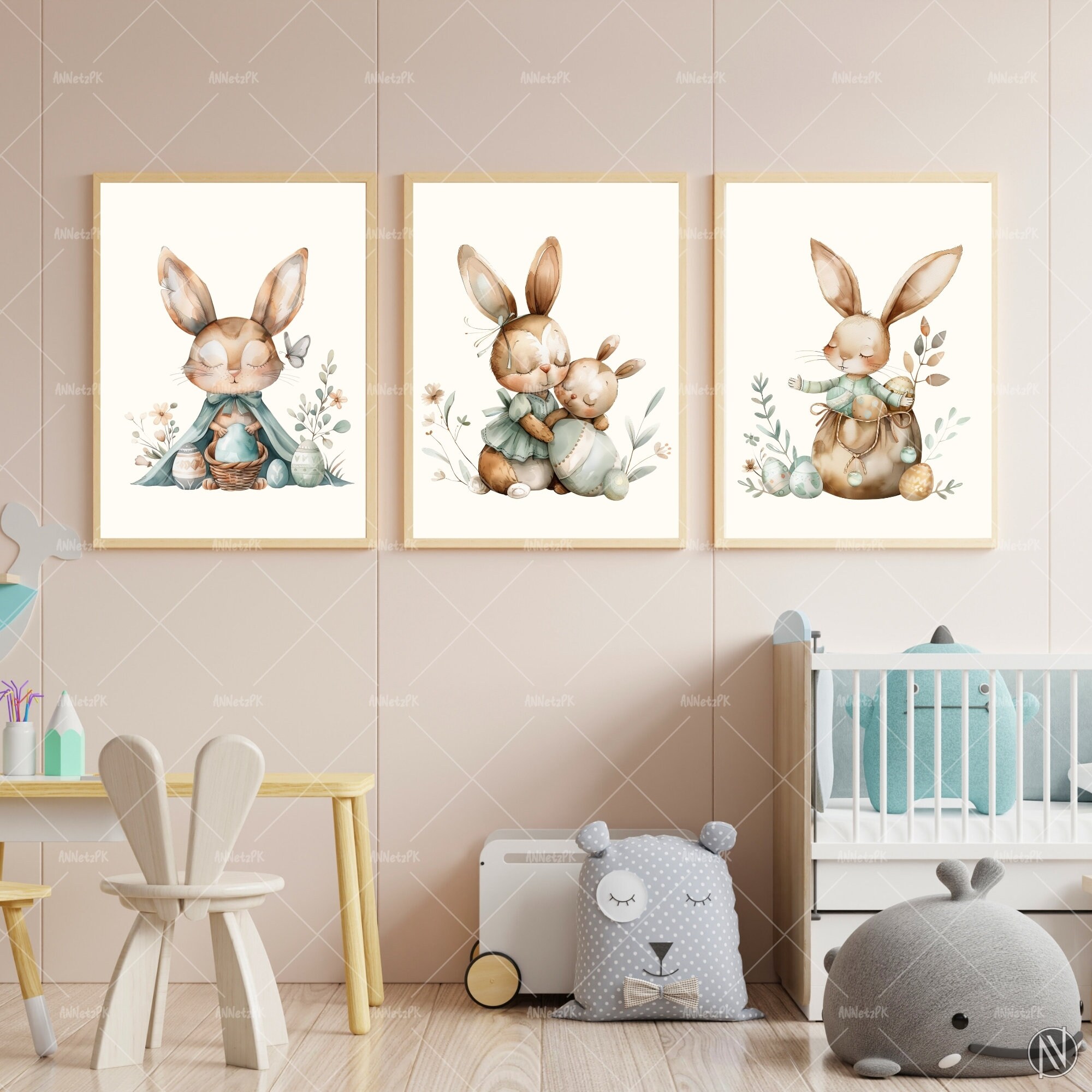 Easter Bunny Watercolor Clipart: Pastel Rabbits & Floral Eggs (28 PNG ...