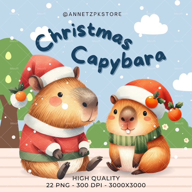Capybara Christmas PNG, Watercolor Clipart Bundle, Capybara Santa, Cute ...