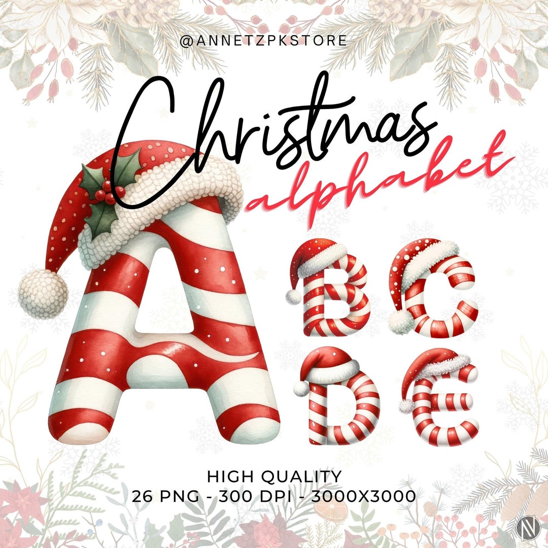 Christmas Candy Cane Alphabet, Clipart Bundle, Christmas Font, Candy ...