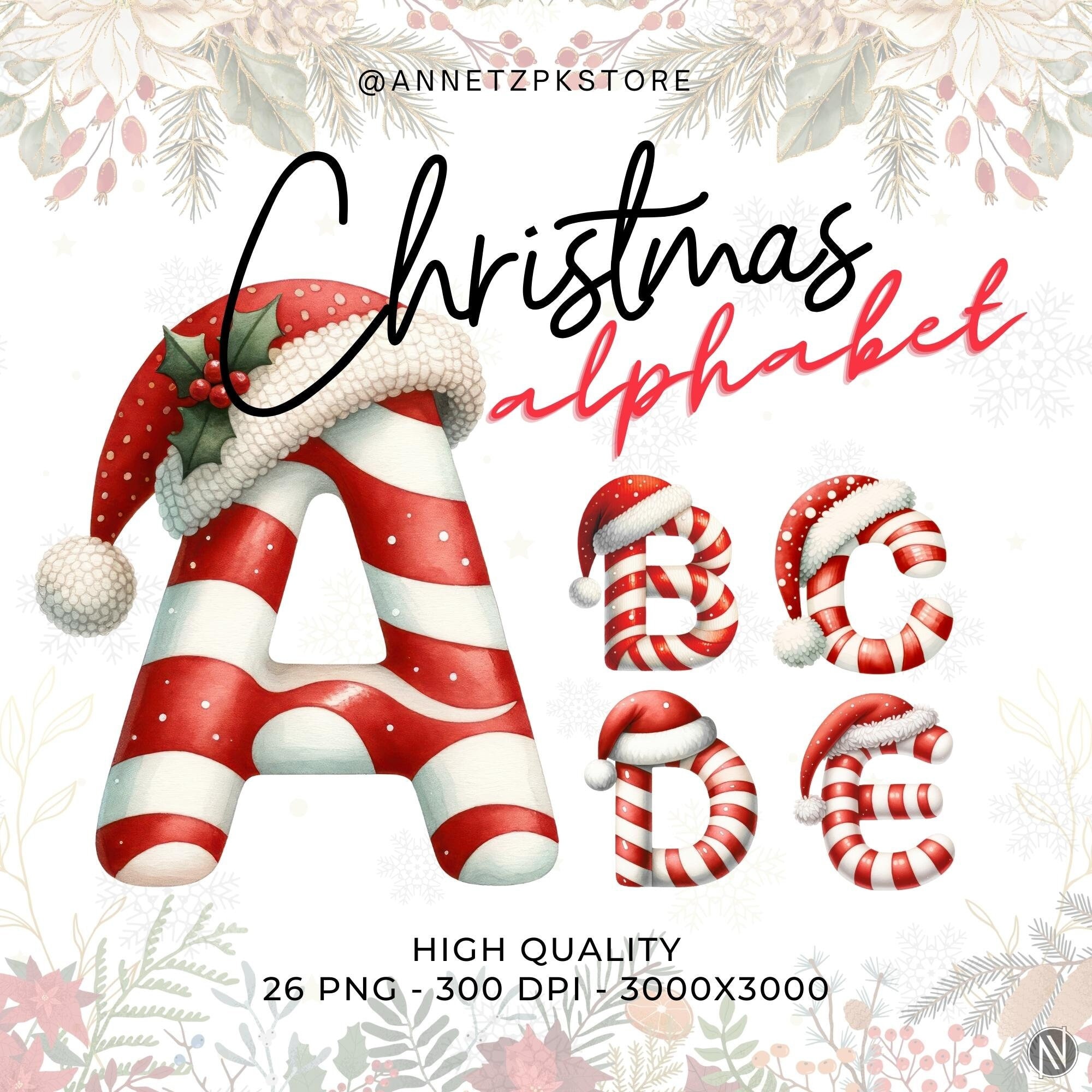 Christmas Candy Cane Alphabet, Clipart Bundle, Christmas Font, Candy ...