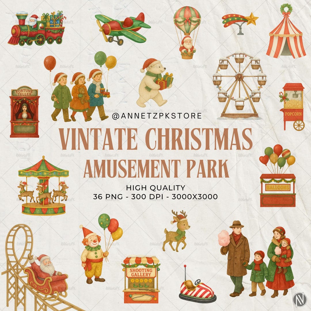 Vintage Christmas Amusement Park Clipart, Watercolor Retro Carnival PNG ...