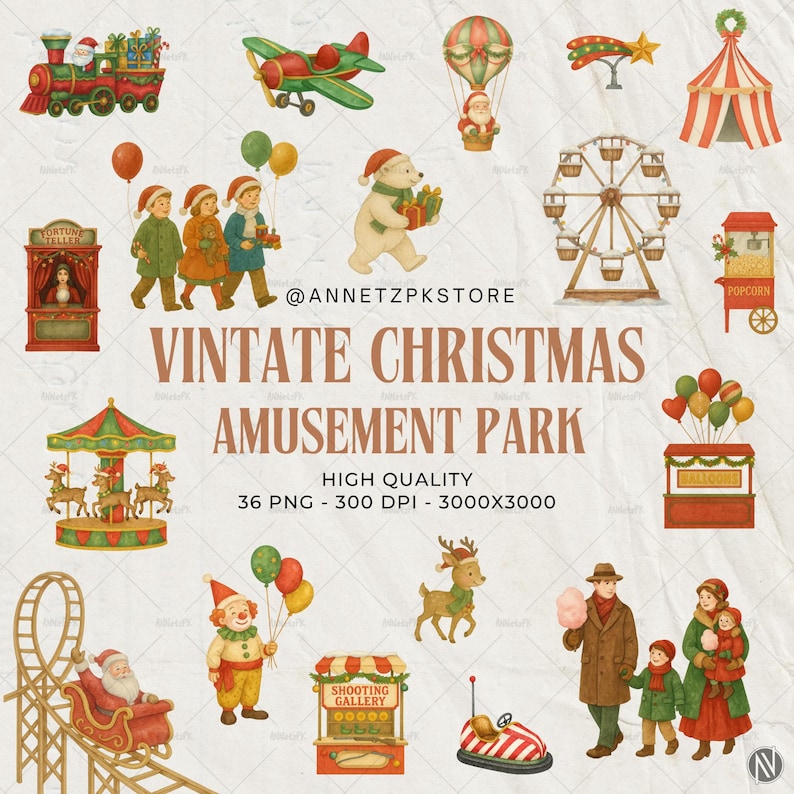 Vintage Christmas Amusement Park Clipart, Watercolor Retro Carnival PNG ...