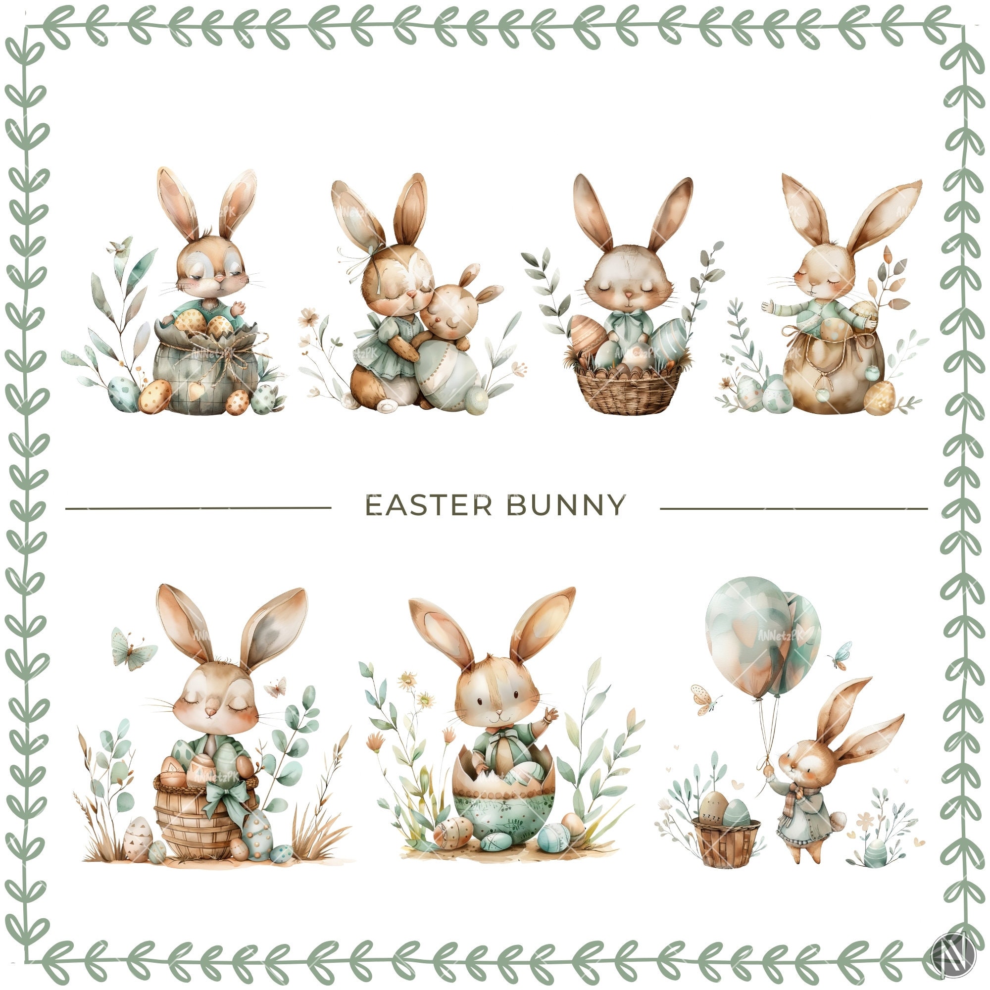 Easter Bunny Watercolor Clipart: Pastel Rabbits & Floral Eggs (28 PNG ...