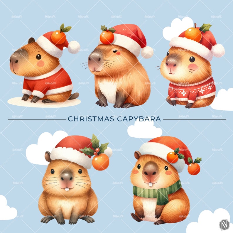 Capybara Christmas PNG, Watercolor Clipart Bundle, Capybara Santa, Cute ...