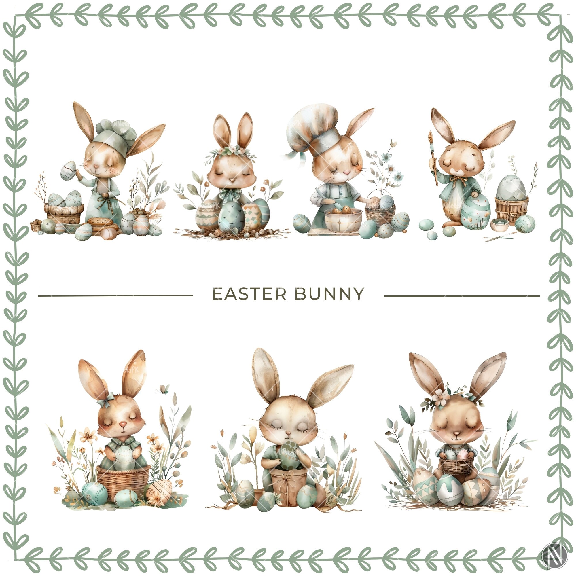 Easter Bunny Watercolor Clipart: Pastel Rabbits & Floral Eggs (28 PNG ...
