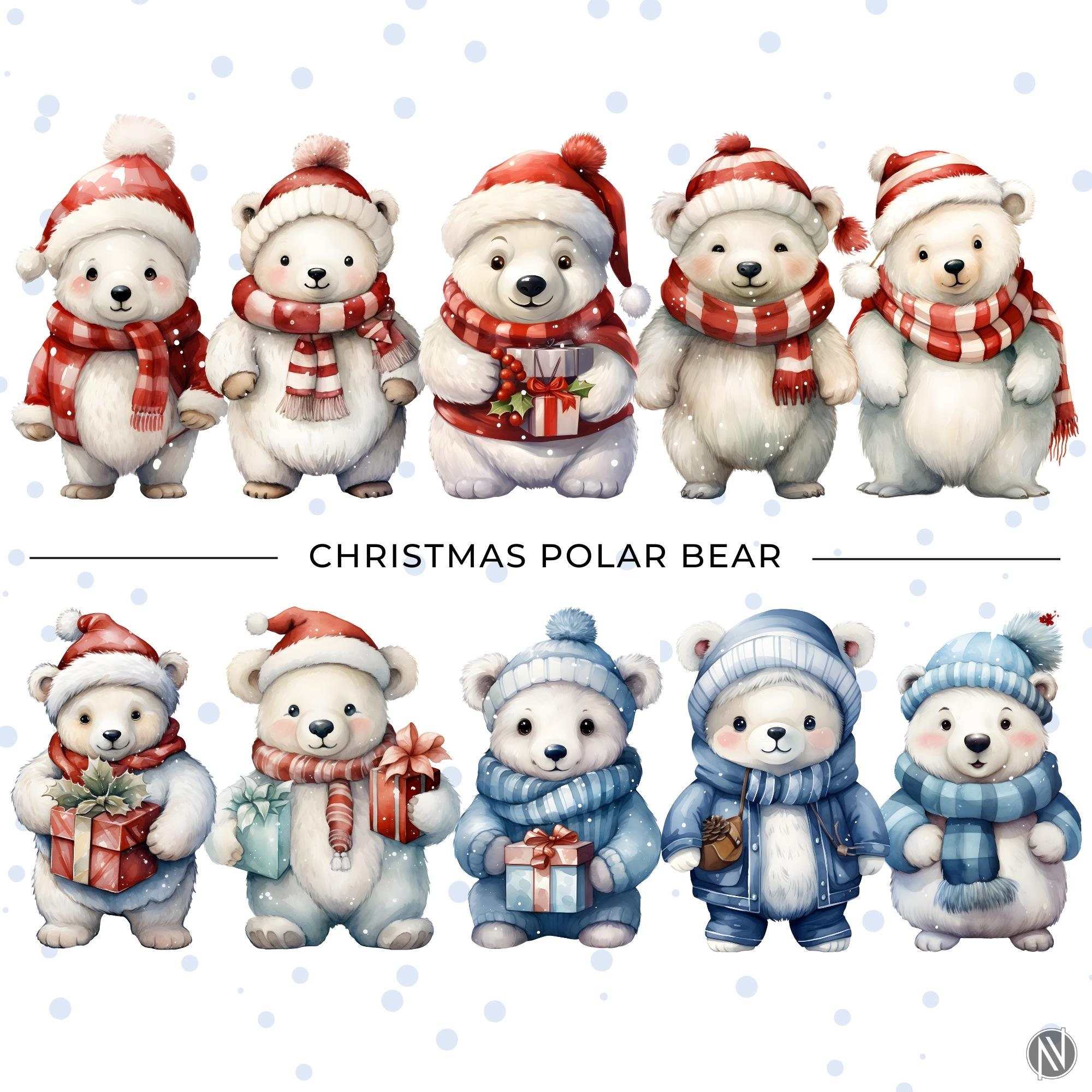 Christmas Polar Bear Watercolor Clipart Bundle, Polar Bear Images ...