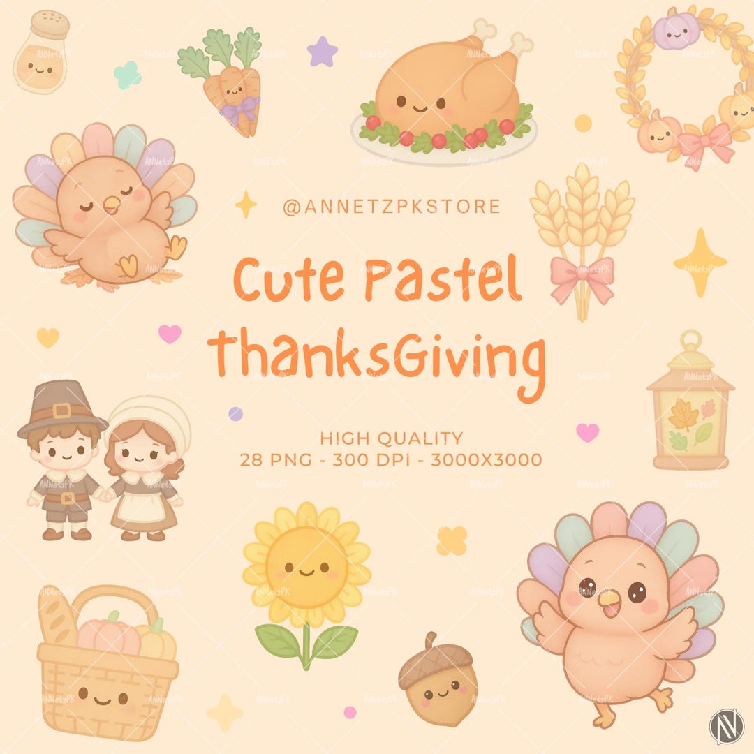 Kawaii Thanksgiving Clipart: Pastel Turkey, Pumpkin Pie PNG (digital ...