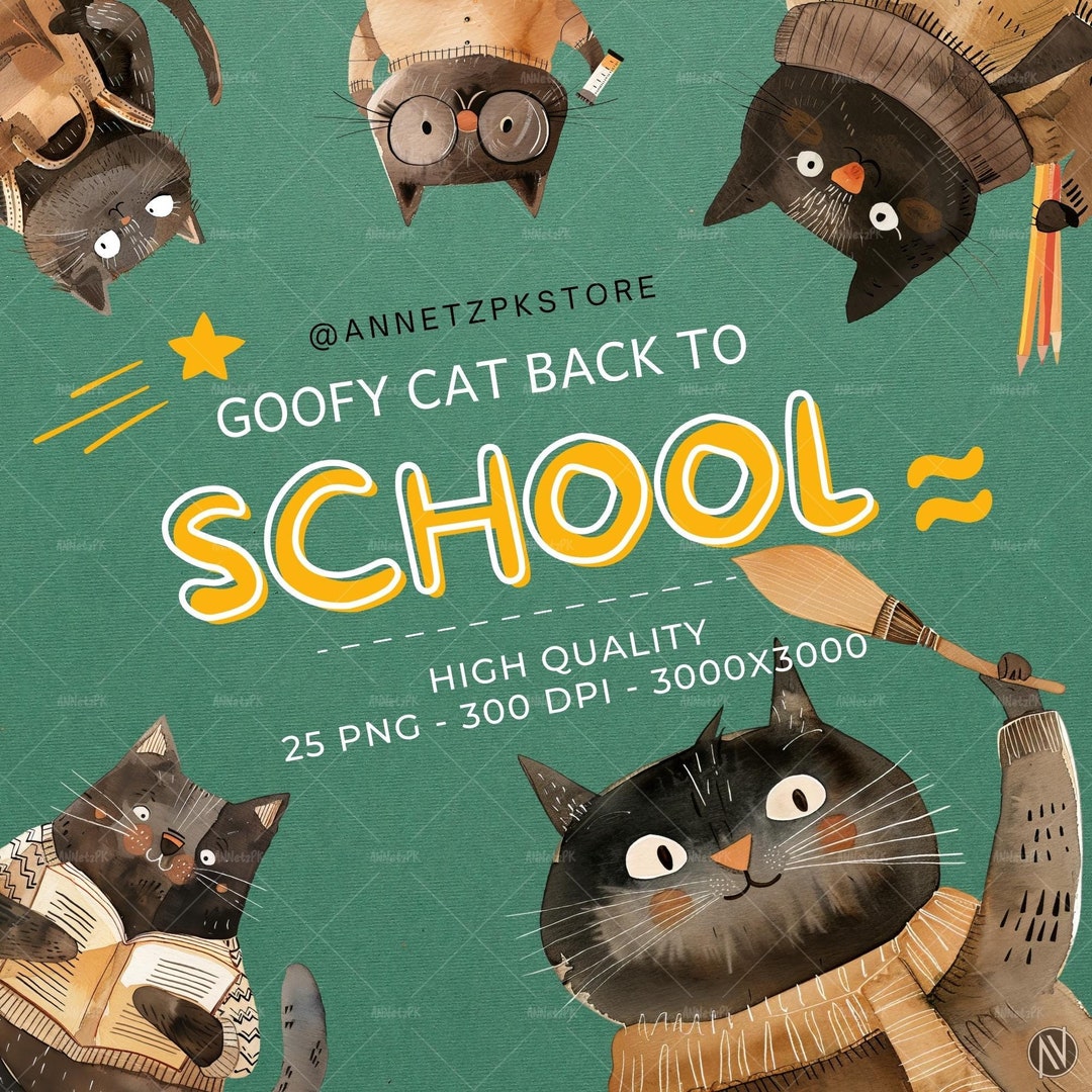 Goofy Cat Back to School Watercolor Clipart Set | Funny Feline School ...