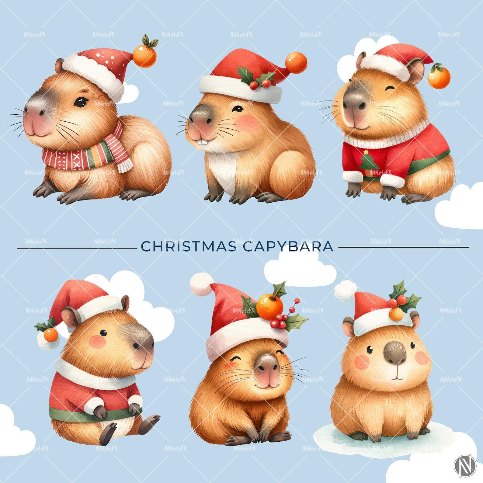 Capybara Christmas PNG, Watercolor Clipart Bundle, Capybara Santa, Cute ...