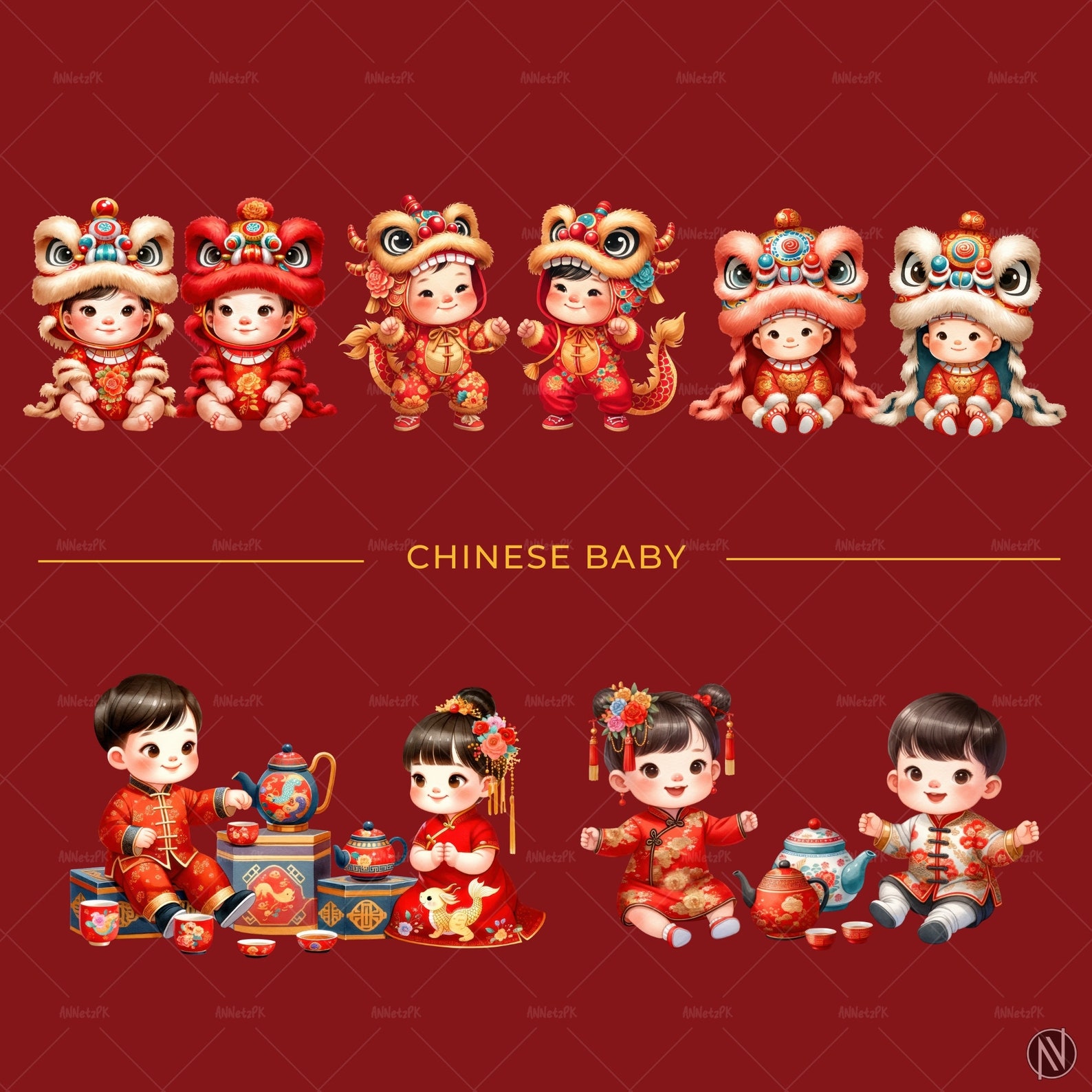 Chinese New Year Watercolor Clipart, Chinese Baby Clipart, Cute Baby ...