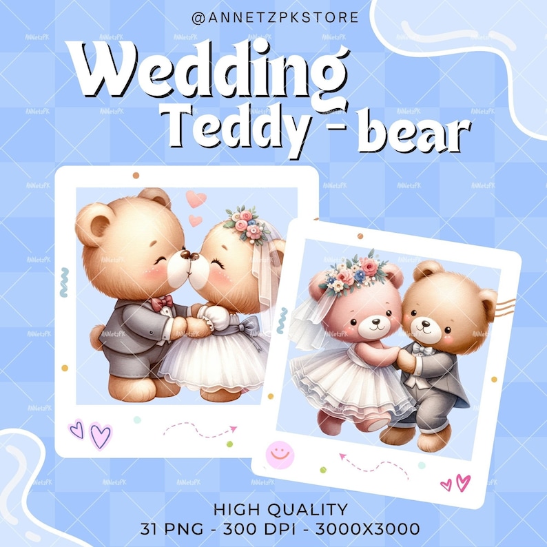 Watercolor Wedding Teddy Bear Clipart: Romantic Valentine Bears (PNG ...