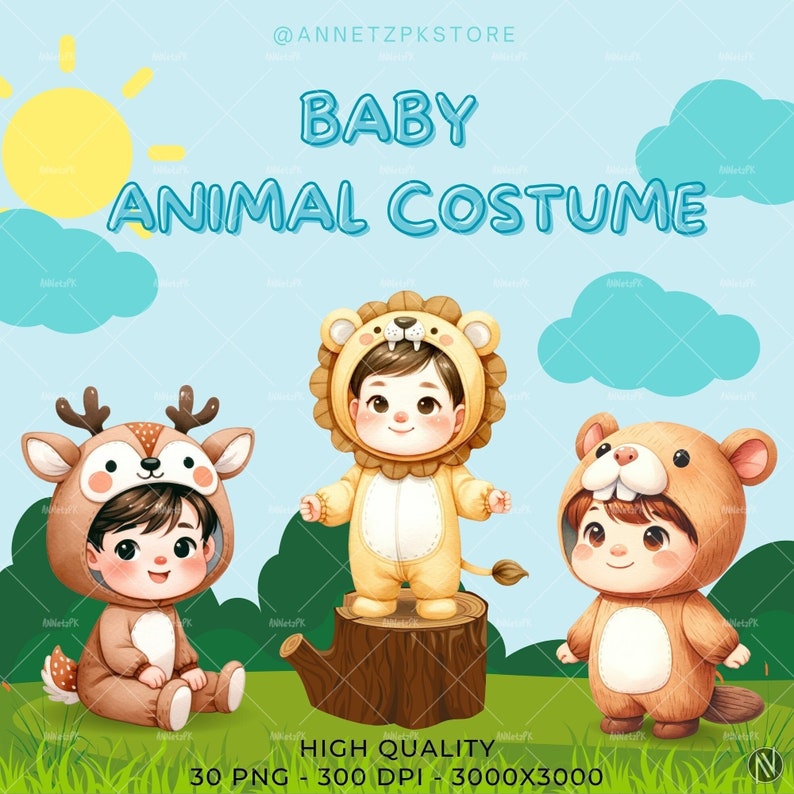 Watercolor Animal Costume Clipart: Baby Shower Nursery Decor (PNG) - Etsy