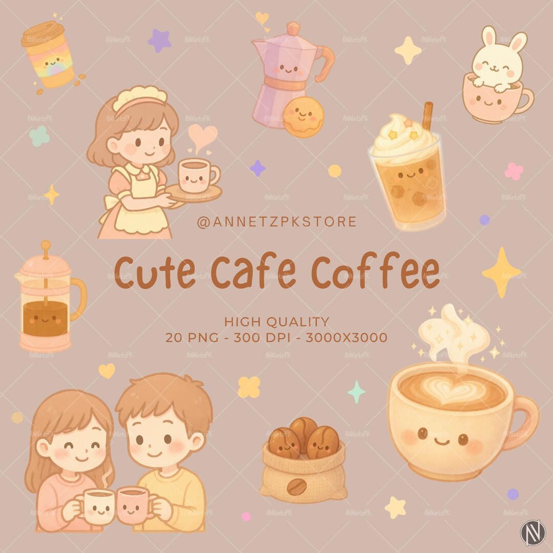 Kawaii Coffee Shop Clipart: Pastel Cafe Latte PNG Stickers (digital ...