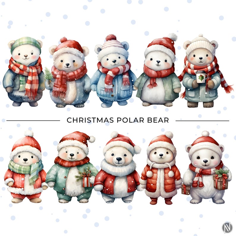 Christmas Polar Bear Watercolor Clipart Bundle, Polar Bear Images ...