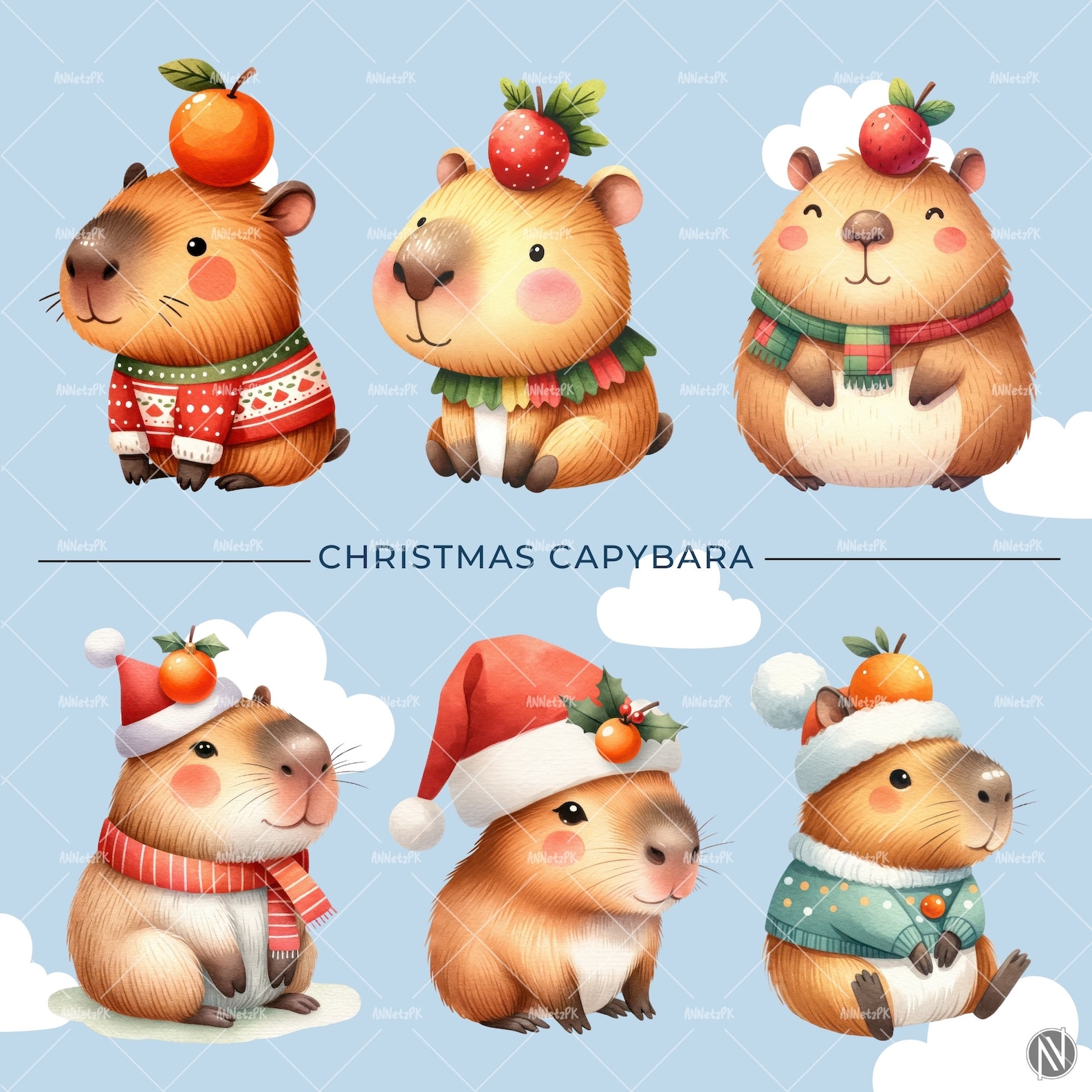 Capybara Christmas PNG, Watercolor Clipart Bundle, Capybara Santa, Cute ...