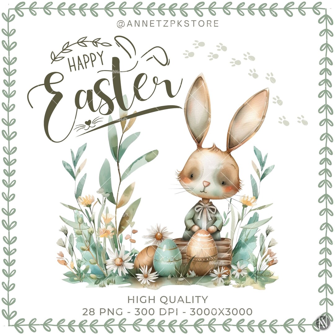 Easter Bunny Watercolor Clipart: Pastel Rabbits & Floral Eggs (28 PNG ...