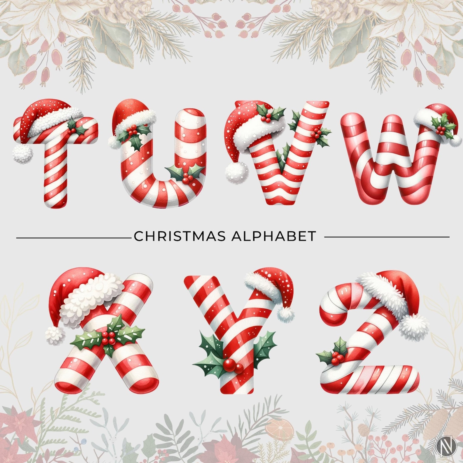 Christmas Candy Cane Alphabet, Clipart Bundle, Christmas Font, Candy ...