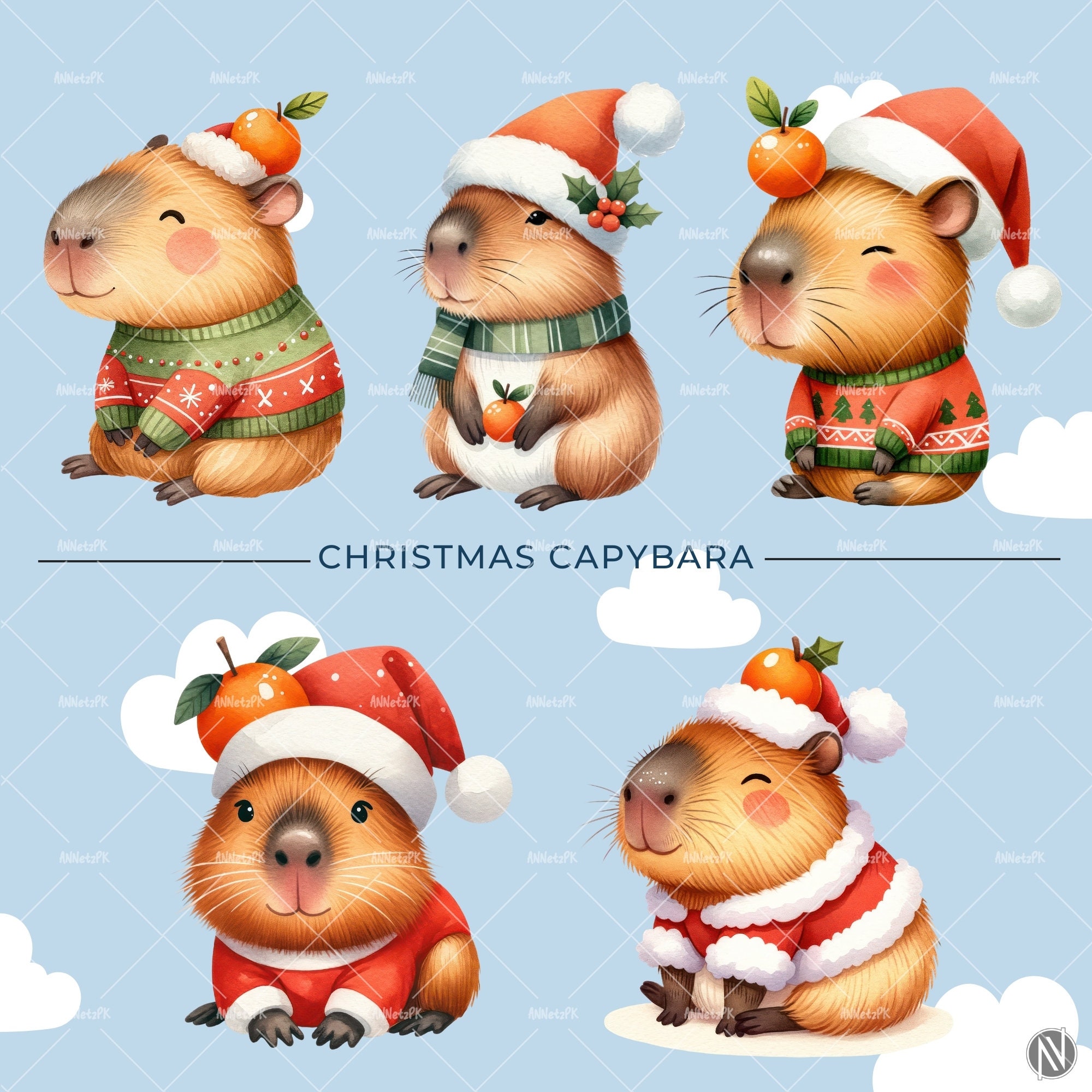 Capybara Christmas PNG, Watercolor Clipart Bundle, Capybara Santa, Cute ...