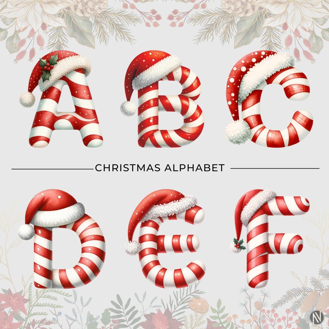 Christmas Candy Cane Alphabet, Clipart Bundle, Christmas Font, Candy ...