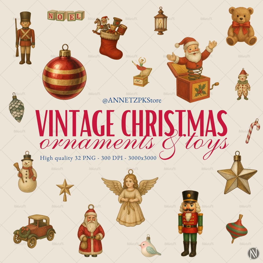 Vintage Christmas Ornaments Clipart PNG Bundle, Retro Toys (digital ...