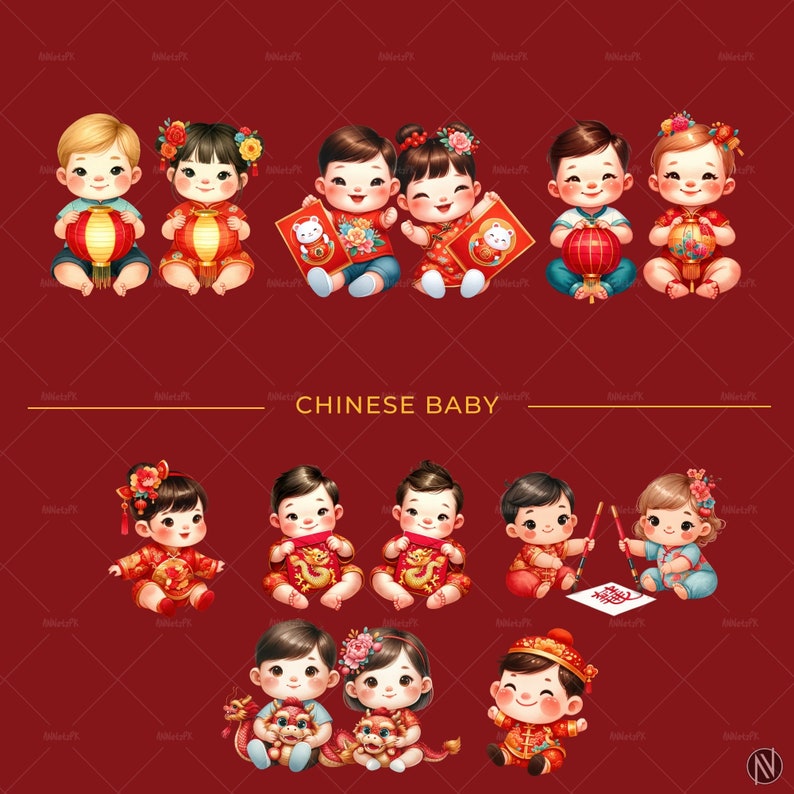 Chinese New Year Watercolor Clipart, Chinese Baby Clipart, Cute Baby ...