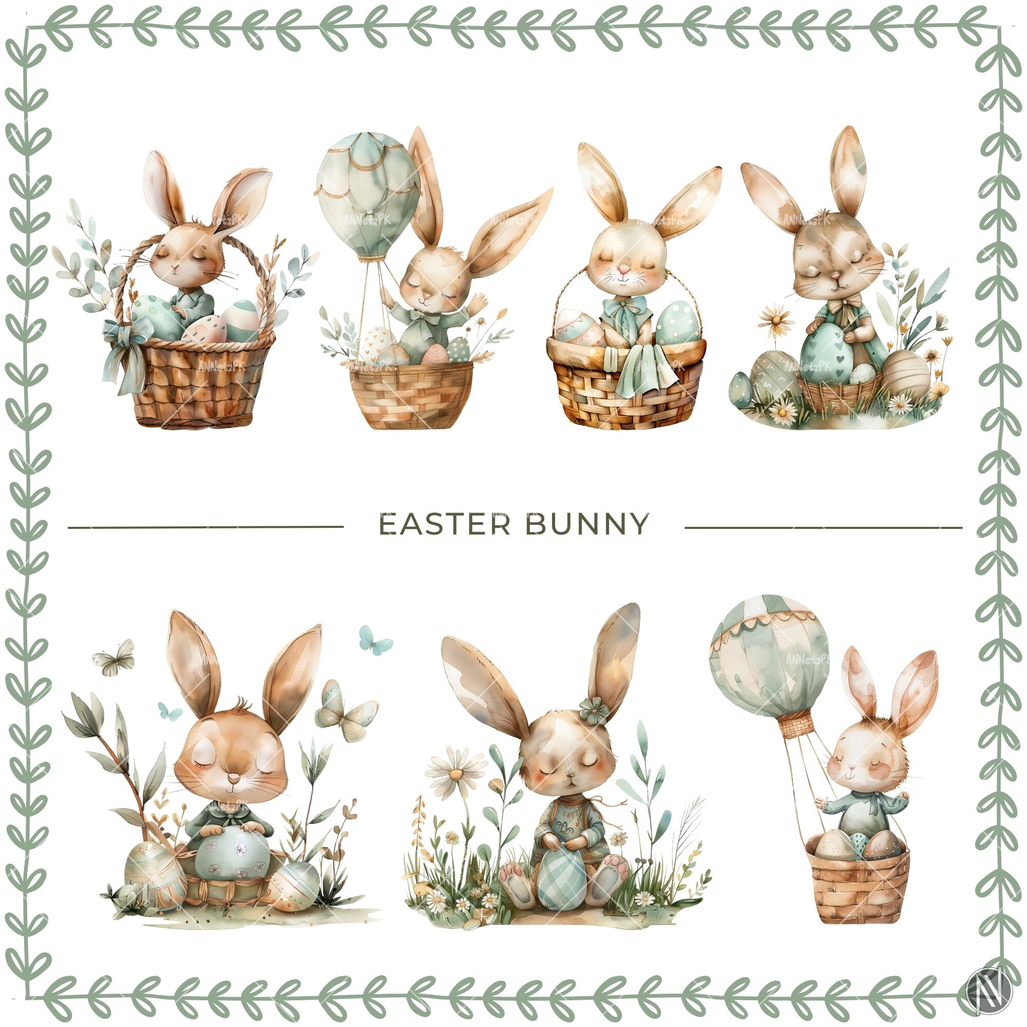 Easter Bunny Watercolor Clipart: Pastel Rabbits & Floral Eggs (28 PNG ...