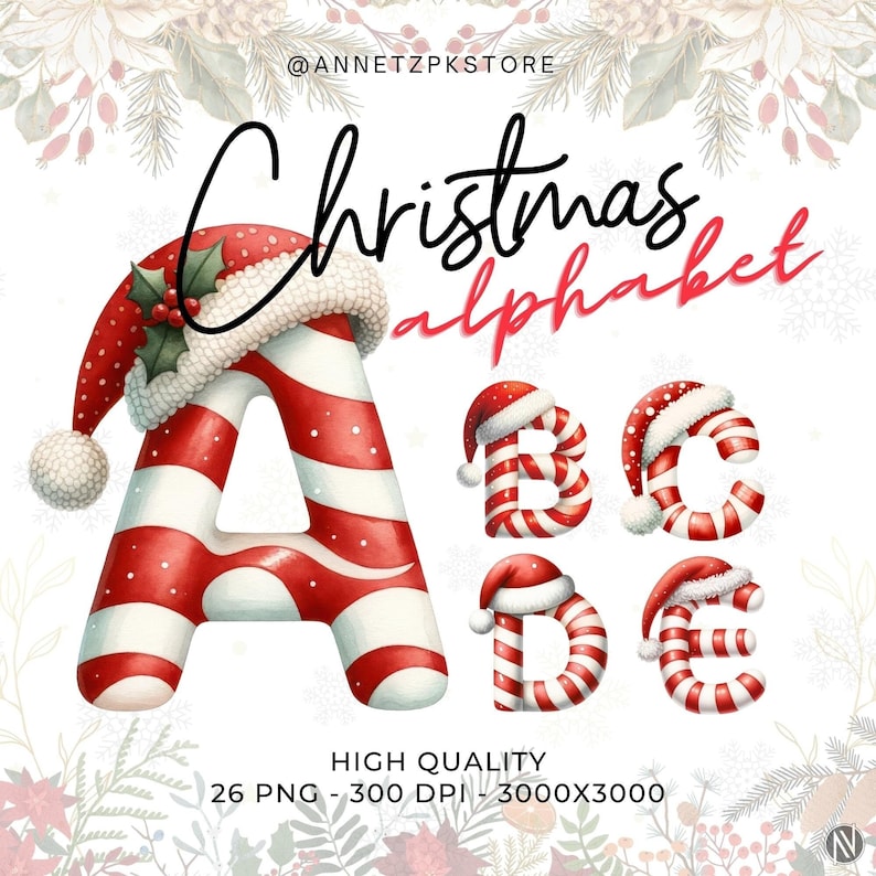 Christmas Candy Cane Alphabet, Clipart Bundle, Christmas Font, Candy ...
