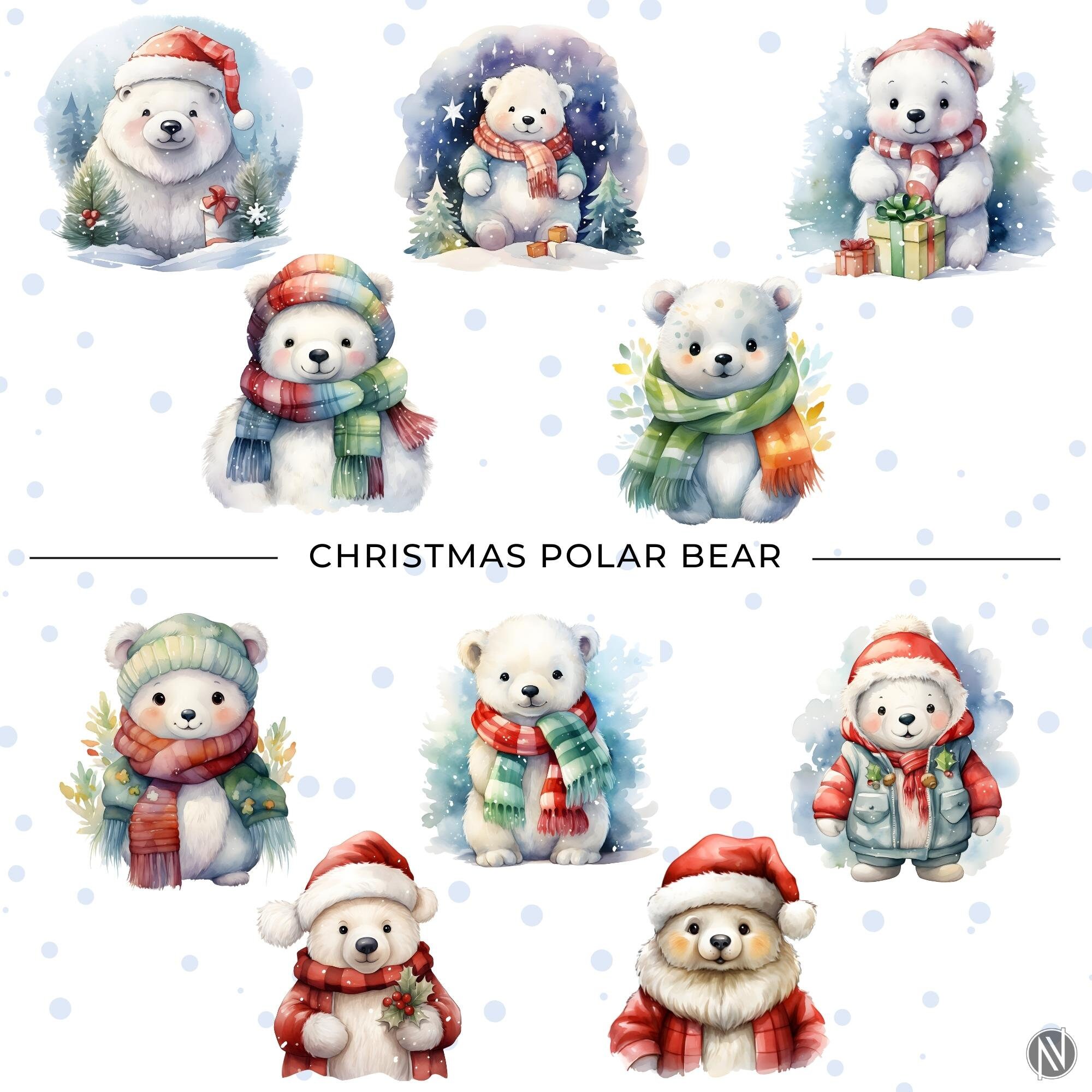 Christmas Polar Bear Watercolor Clipart Bundle, Polar Bear Images ...