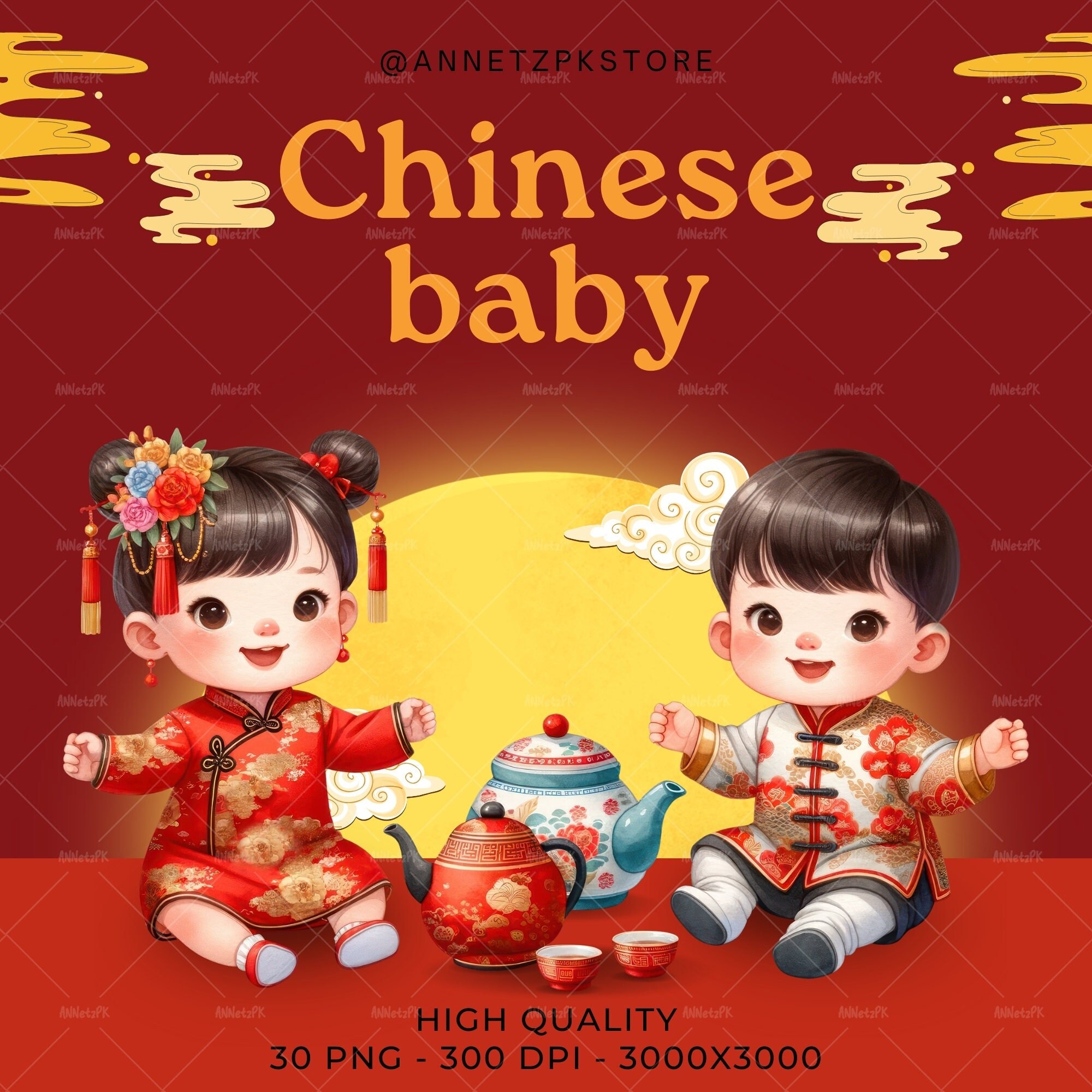 Chinese New Year Watercolor Clipart, Chinese Baby Clipart, Cute Baby ...