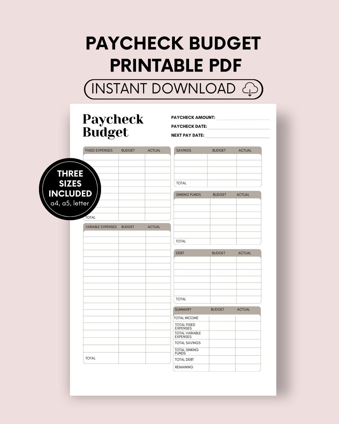 PAYCHECK Budget Overview Template Printable, Budget Binder, Budget ...