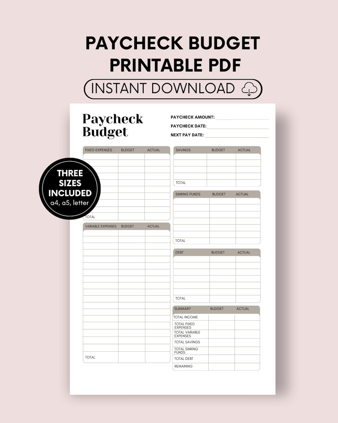 PAYCHECK Budget Overview Template Printable, Budget Binder, Budget ...