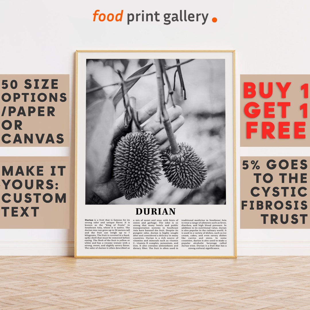 Durian Print Wall Art Poster, Durian BW Photograph Décor, Kitchen Wall ...