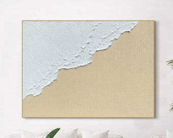 3D White Minimalist Beach Painting Textured Wall Art Ocean Wave Painting on Canvas Wabi-sabi ...