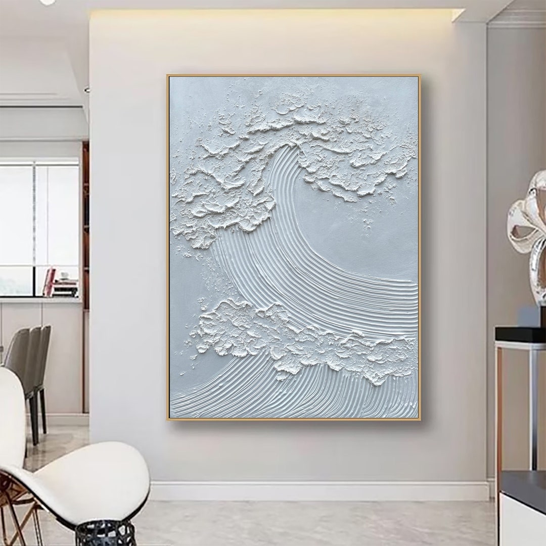 3D White Minimalist Beach Painting Textured Wall Art Ocean Wave Painting on Canvas Wabi-sabi ...