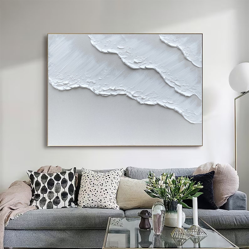 3D White Minimalist Beach Painting Textured Wall Art Ocean Wave Painting on Canvas Wabi-sabi ...