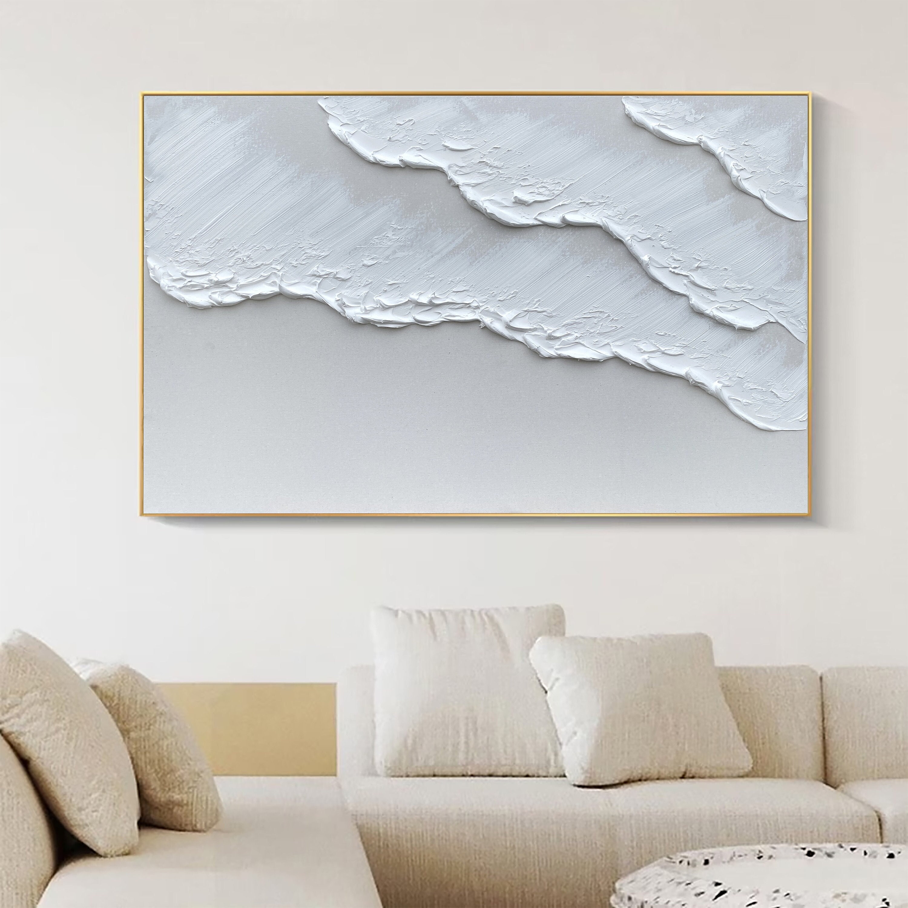 3D White Minimalist Beach Painting Textured Wall Art Ocean Wave Painting on Canvas Wabi-sabi ...