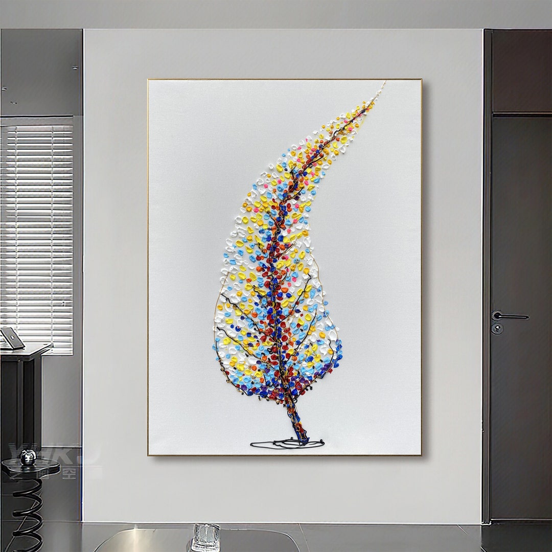 Colorful Feather Oil Painting on Canvas, Original Modern Wall Art Decor ...