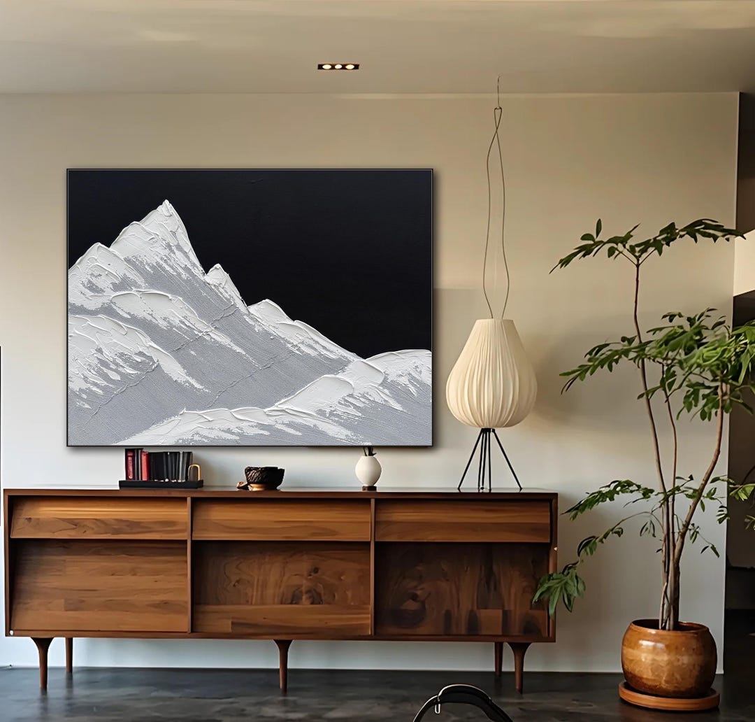 Large-scale 3D Abstract Painting of Snow-capped Mountains, Black and ...