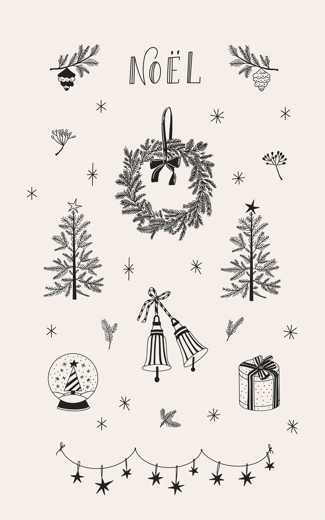 Vintage Christmas Line Clip Art. Doodle Simple Illustrations. Christmas ...