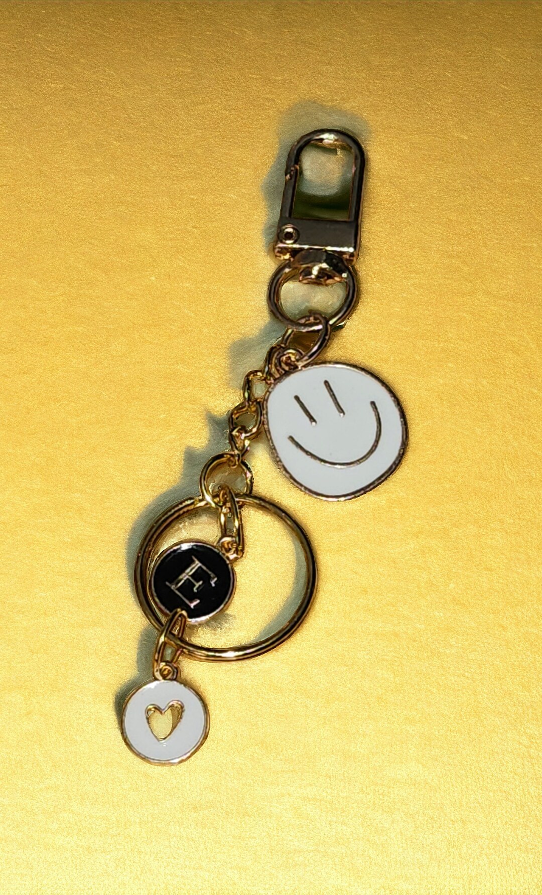 Smiley Face Letter and Heart Charm Gold Toned Keychain Customize - Etsy