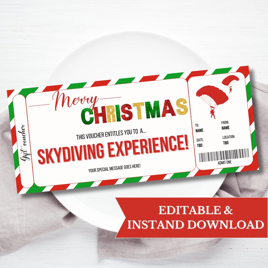Christmas Skydiving Experience Ticket Gift Coupon Editable Template ...