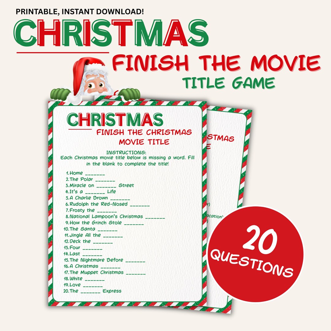 Finish the Christmas Movie Title Game Printable Activity, Printable ...