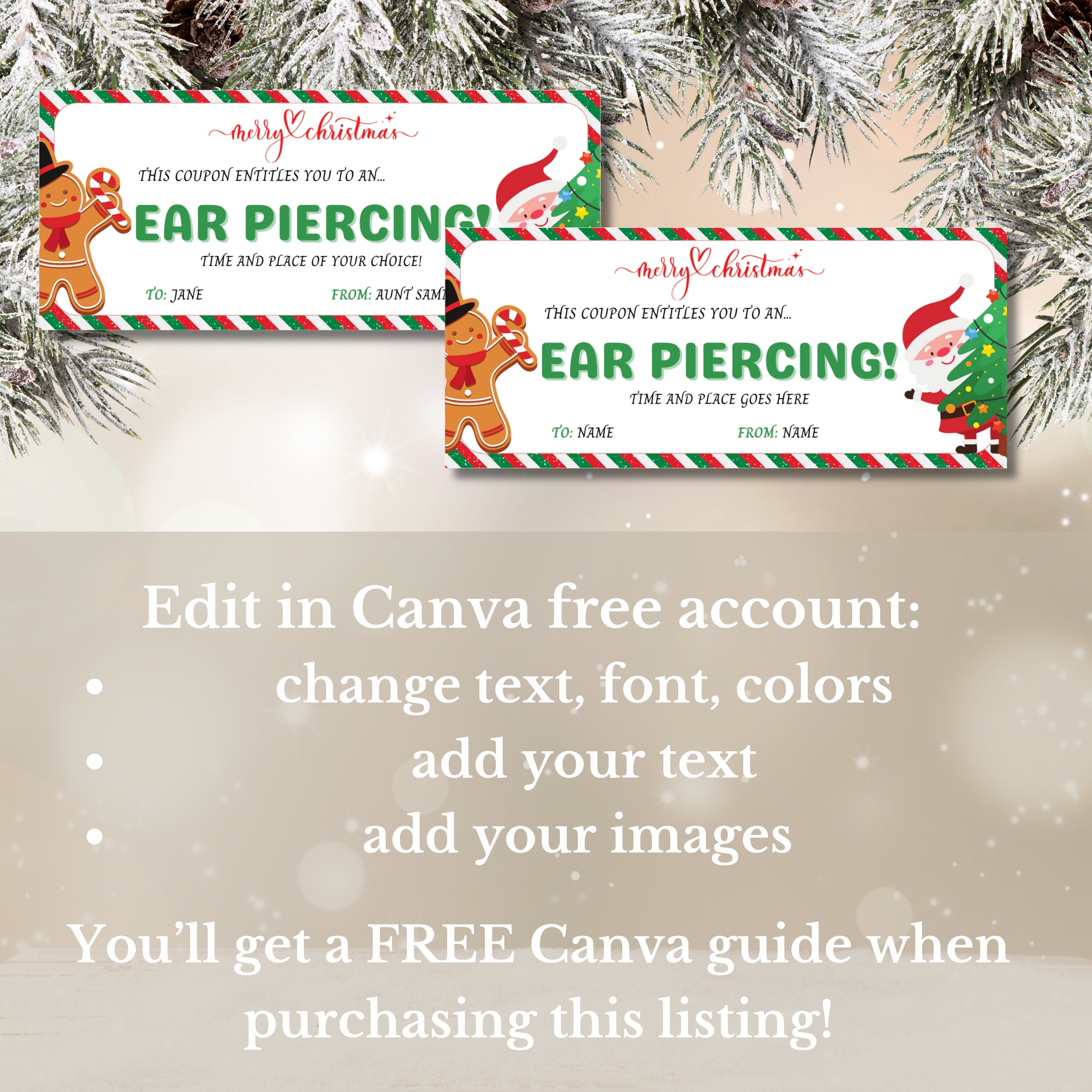 Ear Piercing Voucher EDITABLE, Christmas Piercing Voucher Template ...