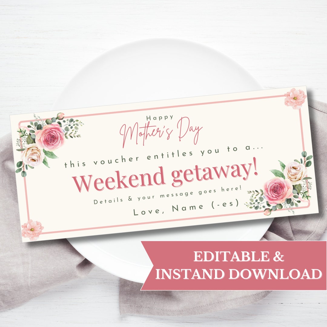 Mother's Day Weekend Getaway Gift Certificate Template, Weekend Away ...