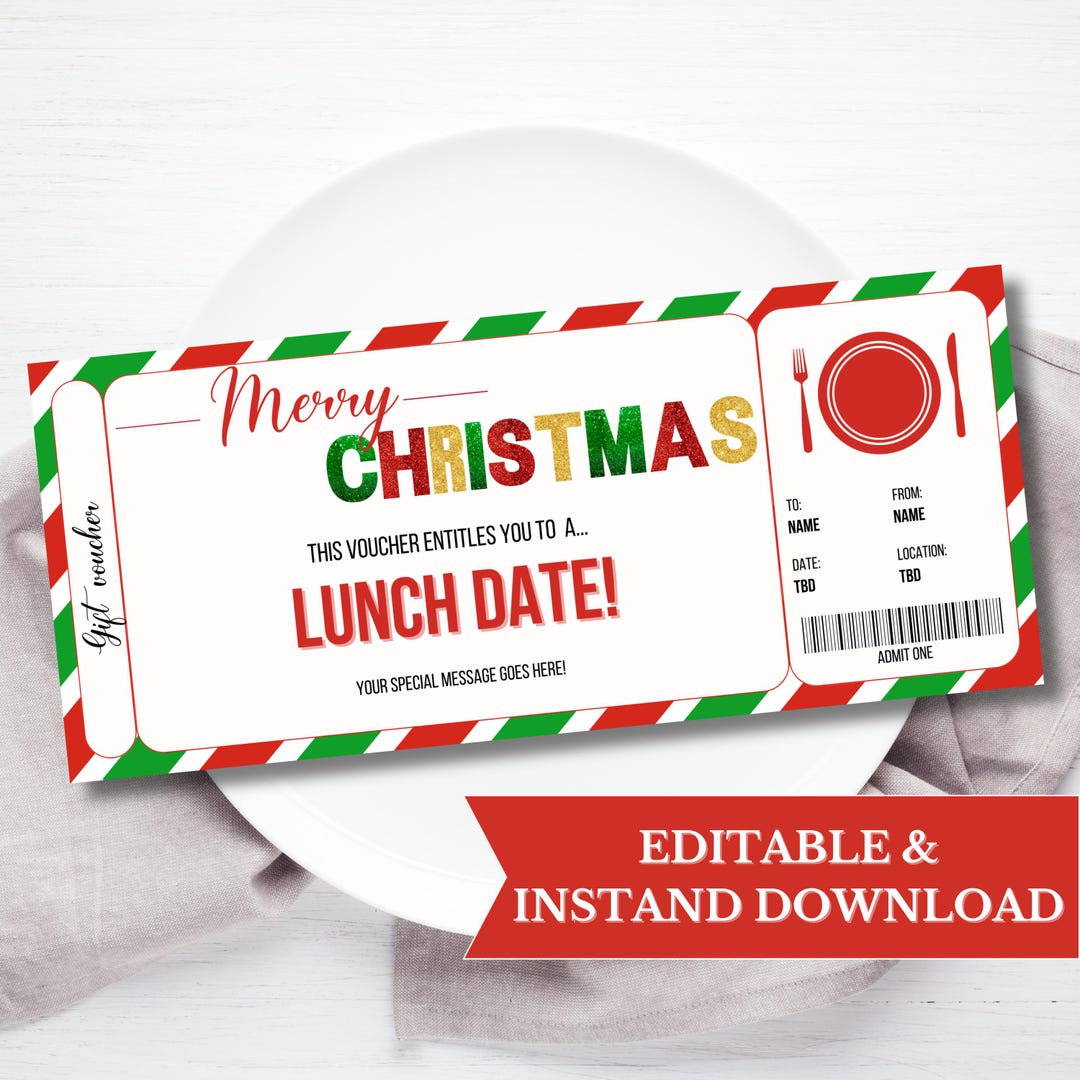Christmas Lunch Date Ticket Gift Coupon Editable Template, Surprise ...